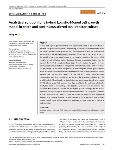 PDF Analytical Solution For A Hybrid LogisticMonod Cell Growth Model