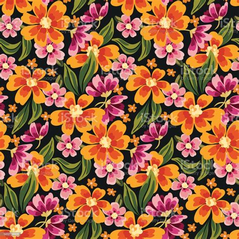 シームレスなパターンカラフルな牧草地小さな花葉とレトロなスタイルの花柄ベクトル イラストレーションのベクターアート素材や画像を多数ご用意