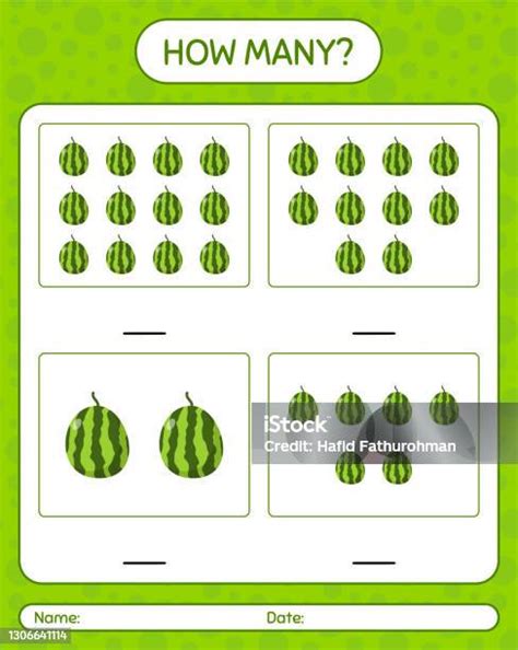 유치원 아이들을위한 수박 워크 시트와 얼마나 많은 계산 게임 어린이 활동 시트 인쇄 워크 시트 0명에 대한 스톡 벡터 아트 및 기타 이미지 Istock