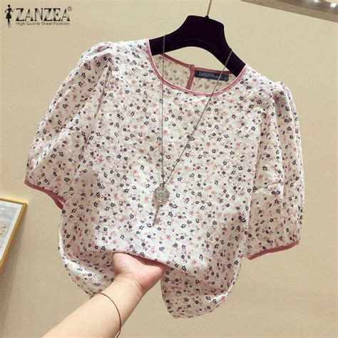 Zanzea Womens Blouse Vintage Casual Floral Lantern Sleeve Round Neck