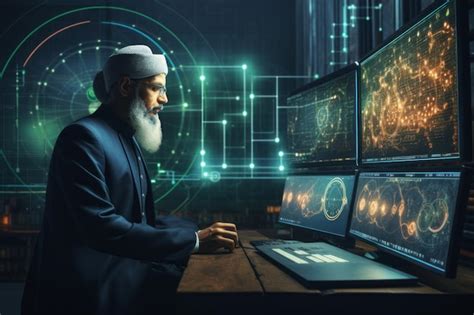 Premium Ai Image Muslim Businessman Using Floating Data Visualization