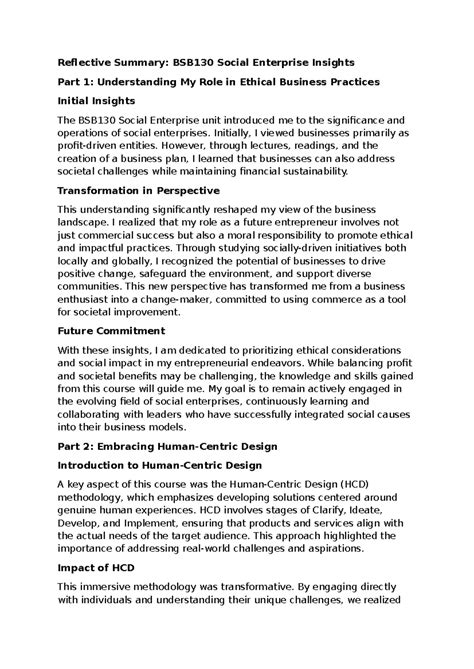 Bsb130 Reflective Essay Reflective Summary Bsb130 Social Enterprise