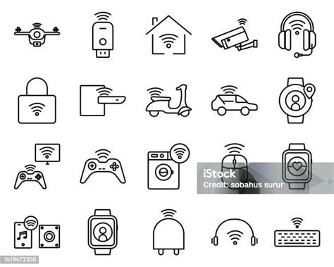 스마트 장치와 관련된 아이콘 세트입니다 스마트 시계 아이콘 Cctv 메가폰 조이스틱 무인 항공기 Usb 자동 자동차 오토바이 세탁기 등을 포함합니다 선 아이콘 스타일 편집