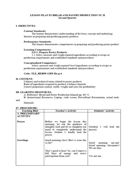 Detailed Lesson Plan In Bread And Pastry Production Nc Ii Shs Demo Pdf Teaspoon Tablespoon