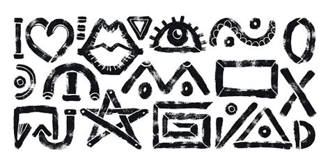 그런지 추상적 인 검은 색 형태는 대담한 브러시 스트로크로 손으로 그려졌습니다 흰색 배경에 기하학적 실루엣 굵은 선으로 그려진 장난스럽고 모던한 디자인 관목에 대한 스톡