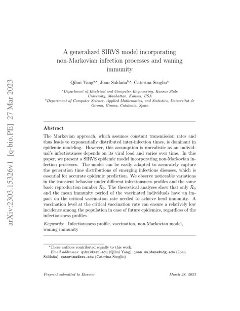 Pdf A Generalized Sirvs Model Incorporating Non Markovian Infection