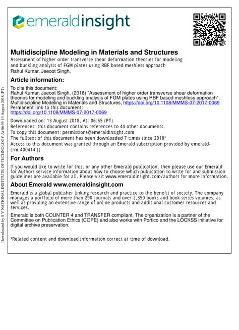 Pdf Assessment Of Higher Order Transverse Shear Deformation Theories For Modeling And Buckling