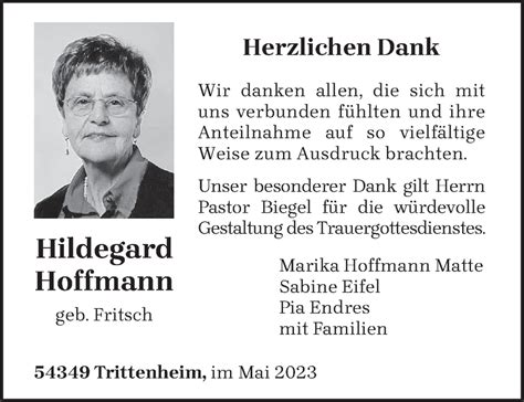 Traueranzeigen Von Hildegard Hoffmann Volksfreund Trauer De