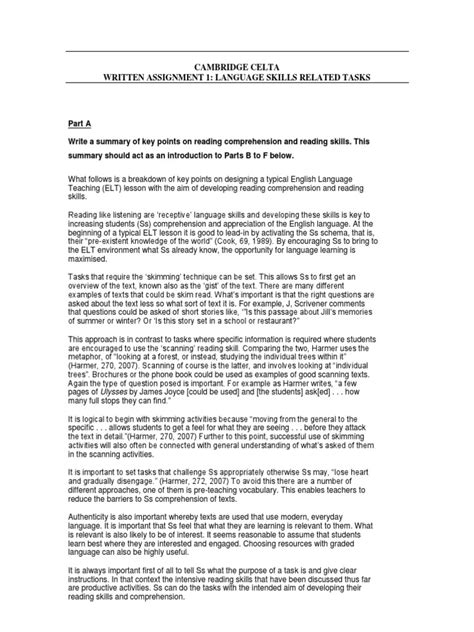Cambridge Celta Written Assignment 1 Language Skills Related Tasks