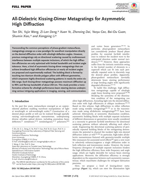 Pdf All‐dielectric Kissing‐dimer Metagratings For Asymmetric High