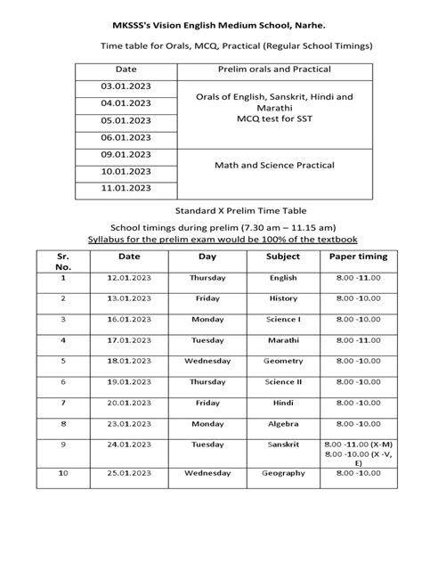 Standard X Prelim Time Table 2022 23 Pdf