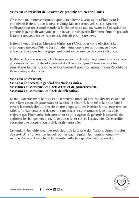Rdc Discours Du Président Félix Antoine Tshisekedi à La 79ème Session