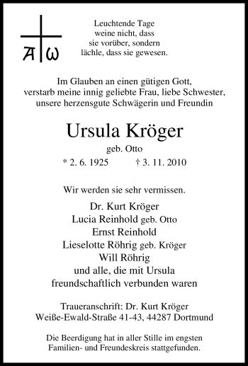 Traueranzeigen von Ursula Kröger Trauer in NRW de