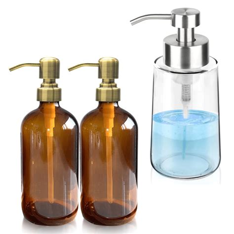 2 Pack Amber Glass Soap Dispenser With Gold Pump And Glass