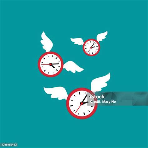 날개가 달린 빨간색과 흰색 시계 파우더 블루에 분리 된 플랫 아이콘 계시기에 대한 스톡 벡터 아트 및 기타 이미지 계시기