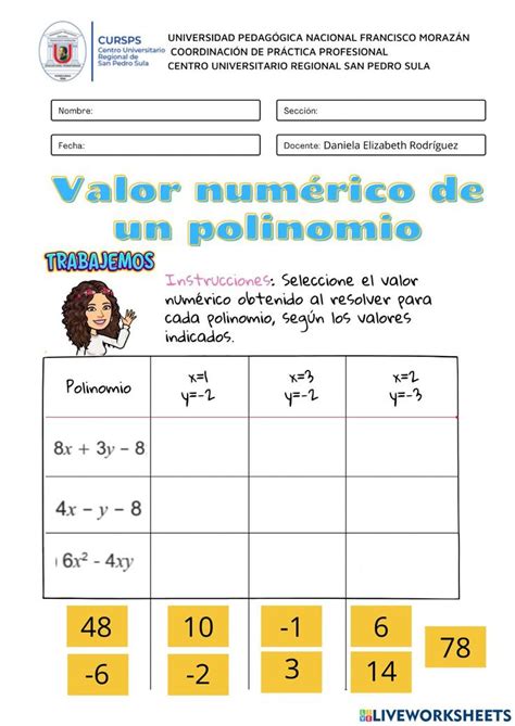 Ficha De Valor Numérico De Un Polinomio Polinomios Universidad