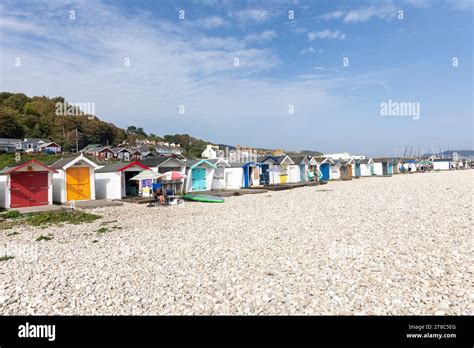 Lyme Regis Dorset England Colourful Beach Huts On Shingle Pebble