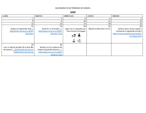 Calendario DE Actividades Verano CALENDARIO DE ACTIVIDADES DE VERANO JUNIO LUNES MARTES