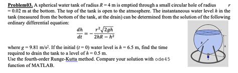 Problem A Spherical Water Tank Of Radius R M Is Emptied Through A Small Circular Hole Of