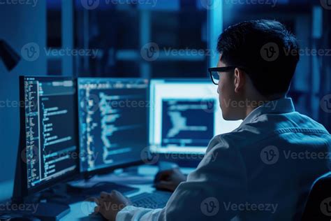 AI Generated Software Develper Man Wearing Glasses Working Coding Write