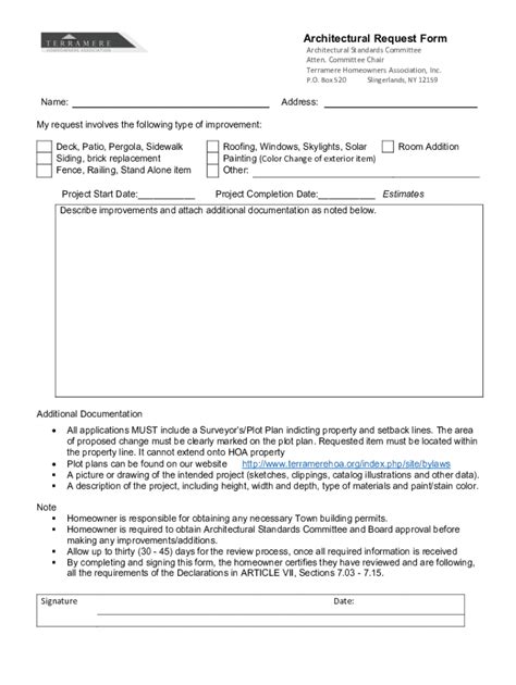 Fillable Online Architectural Request Form For Terramere Homeowners Association Fax Email Print