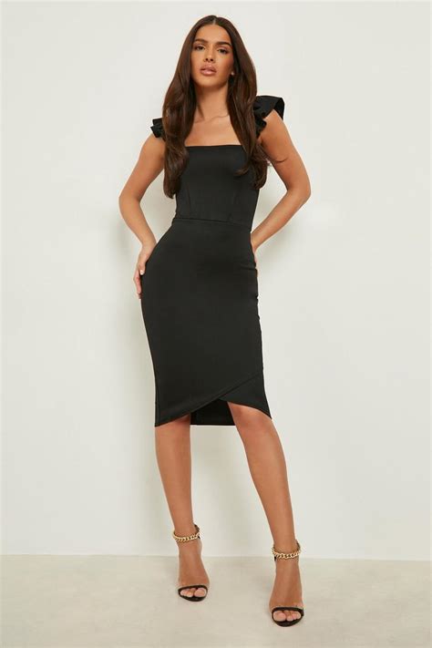 Scuba Ruffle Strap Wrap Midi Dress Boohoo Uk
