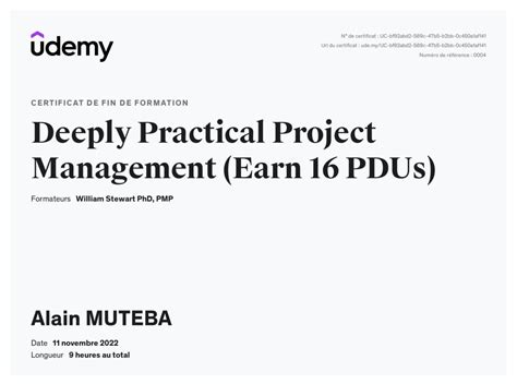 Alain Muteba Ilunga Kabongo Eng Pmp® Mba On Linkedin Udemy Course Completion Certificate