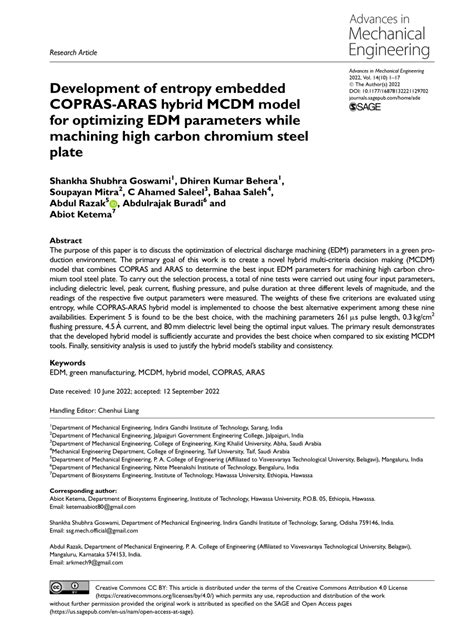 Pdf Development Of Entropy Embedded Copras Aras Hybrid Mcdm Model For Optimizing Edm