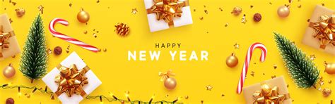 새해 복 많은 배너 선물 상자와 황금 색조와 함께 Xmas 반짝이는 빛 화환 노랑에 대한 스톡 벡터 아트 및 기타 이미지