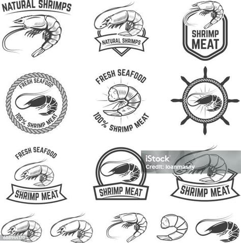 새우 고기 레이블 집합 흰색 배경에 고립 레이블 배지 기호에 대 한 디자인 요소입니다 벡터 일러스트입니다 새우 해산물에 대한 스톡 벡터 아트 및 기타 이미지 Istock