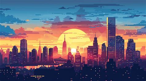 A Pixelated Illustration Of A City Skyline At Sunset Premium Ai