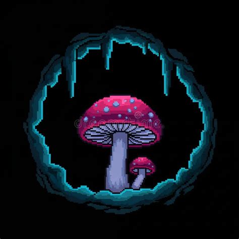 Pixel Art Glowing Mushrooms In Dark Cave Stock Vector Illustration