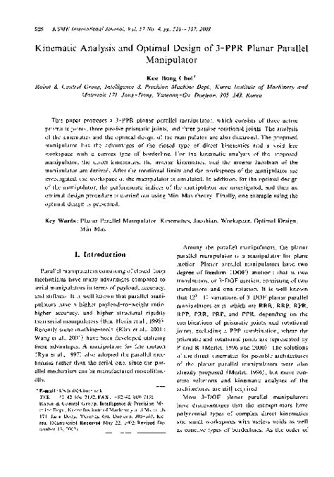 Pdf Kinematic Analysis And Optimal Design Of 3 Ppr Planar Parallel Manipulator