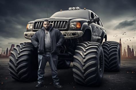 Premium Photo Cool Man Driver Standing Against Monster Truck