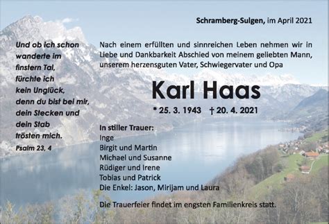 Traueranzeigen von Karl Haas Schwarzwälder Bote Trauer