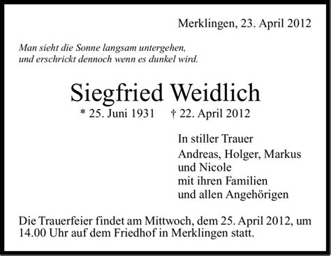 Traueranzeigen Von Siegfried Weidlich Stuttgart Gedenkt De