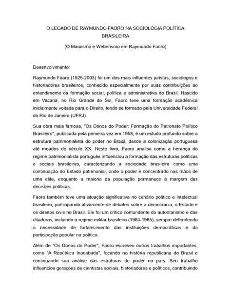 Artigo Robs E Lohana O Legado De Raymundo Faoro Na Sociológia Política Brasileira Pdf