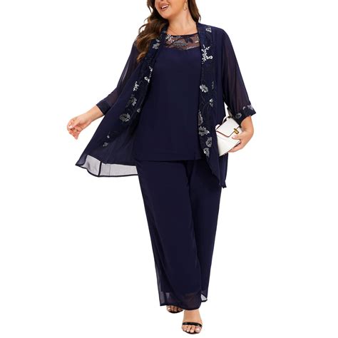 Womens Plus Size Wedding Pant Suits 3 Piece Chiffon Party Outfit For