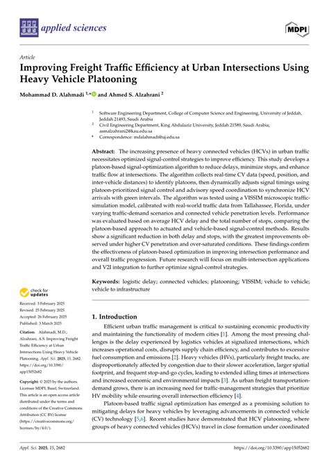 Pdf Improving Freight Traffic Efficiency At Urban Intersections Using Heavy Vehicle Platooning