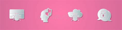 Set Paper Cut System Bug In Credit Card Head With Shield On Cloud And Cyber Security Icon