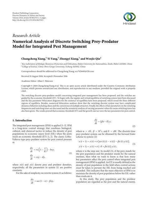 Pdf Numerical Analysis Of Discrete Switching Prey Predator Model For Integrated Pest Management