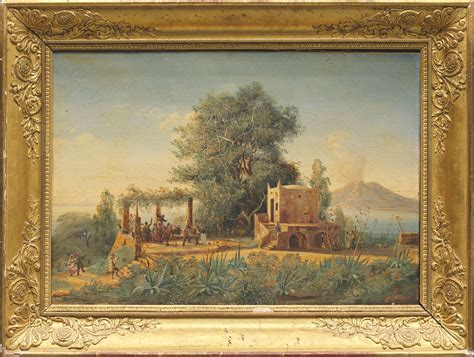 AttribuÉ À Auguste Borget 1808 1877 Vue Dune Campagne Napolitaine Avec Une FÊte Villageoise