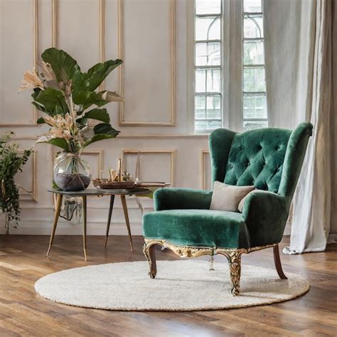 Premium Photo Green Velvet Armchair And Beige Rug On The Wooden Floor