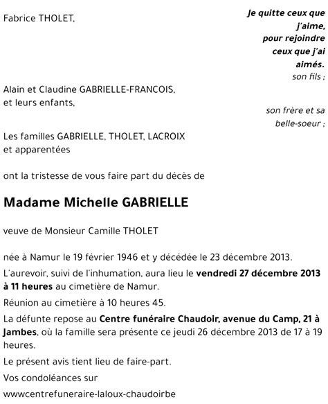 Avis De Décès De Michelle Gabrielle Décédé Le 23122013 à Namur
