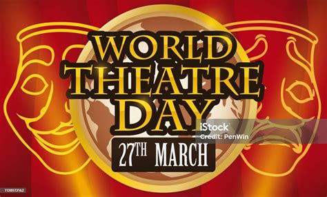 극장의 날을 위한 마스크 외곽선과 글로브로 장식 된 무대 3월에 대한 스톡 벡터 아트 및 기타 이미지 3월 Theatrical Performance 감정 Istock