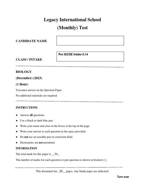 Questions For Pre Igcse Intake 0 14 Biology Monthly Test Pdf Dna Natural Selection
