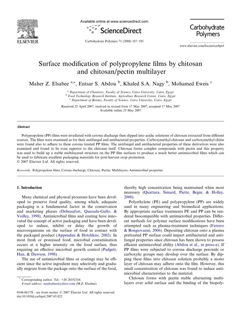 Pdf Surface Modification Of Polypropylene Films By Chitosan And Chitosan Pectin Multilayer