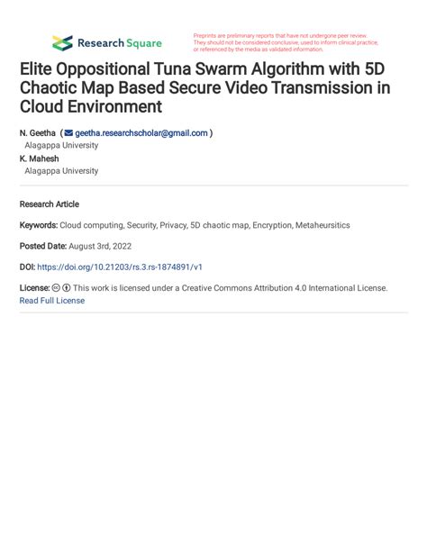 Pdf Elite Oppositional Tuna Swarm Algorithm With 5d Chaotic Map Based Secure Video