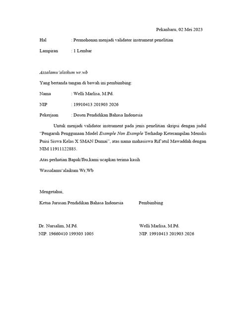 Surat Permohonan Menjadi Validator Instrumen Penelitian Pdf