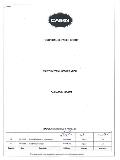 Cairn Tsg L Sp 0002 B2 Valve Material Specification Vms Pdf Valve Materials